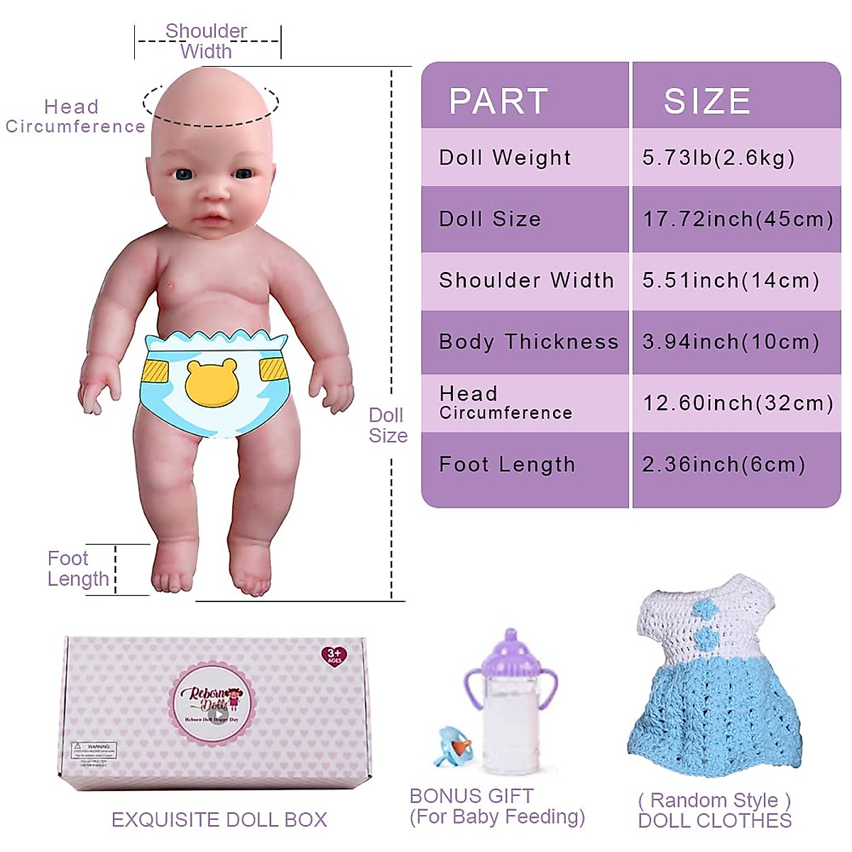 SERENDOLL 18 inch Realistic Full Silicone Baby Doll, Lifelike Reborn Baby Dolls, Toy, and Collectible Bald Girl 039
