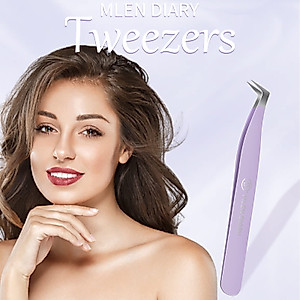 MLEN DIARY Lash Tweezers for Eyelash Extensions Stainless Steel Eyelash Extension Tweezers Curved L Angled Tips Flat Lashing Tweezer Tools for Volume,Isolation & Classic Lashes - Purple