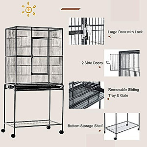 PawHut 65" Double Rolling Metal Bird Cage Feeder with Detachable Rolling Stand, Storage Shelf, Wood Perch & Food Container