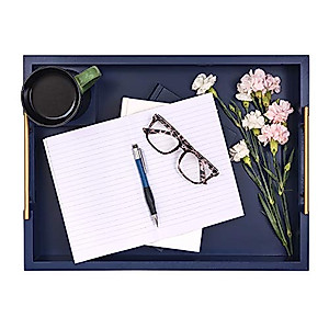 Deluxe Ottoman Tray- Wooden Serving Tray with Handles and Incorporated Cup Holder- Mid Century Modern Décor- Dark Navy Blue Tray 18"x14"x.3