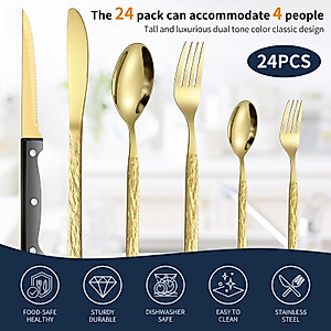 Premium 24-Piece Stainless Steel Cutlery Set with Steak Knives - Golden Silverware Set for Elegant Dining Experience
