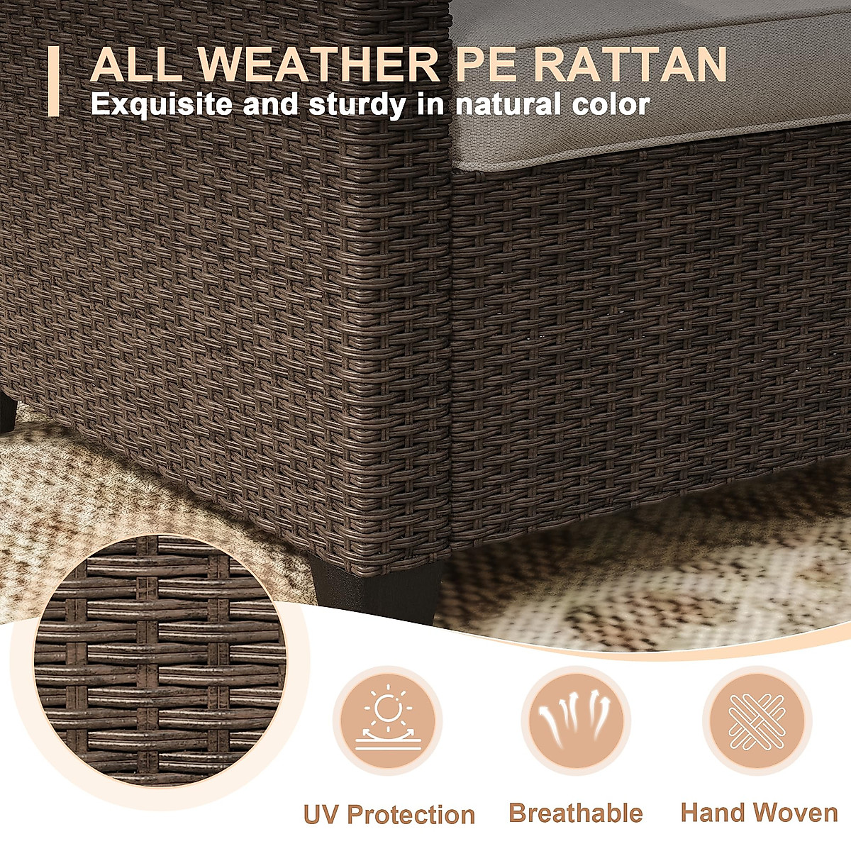 VICLLAX 8 Pieces Wicker Patio Furniture Set with Fire Pit Table 44.8" Metal Top, 3-Seat Sofa, 4 Single Chairs, 2 Ottomans, Outdoor Conversation Set for Garden, Poolside, Backyard, Beige Cushion