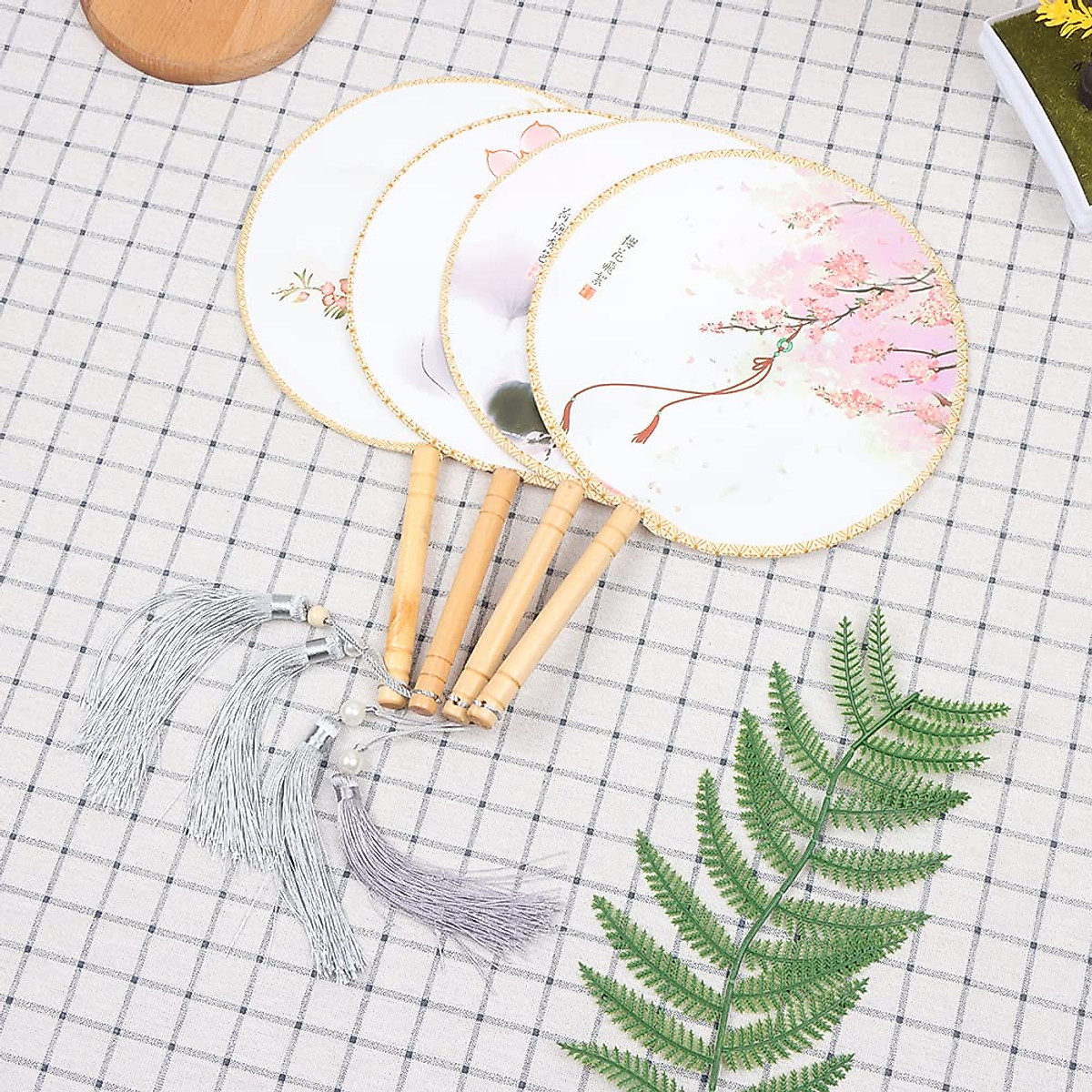 Eyomii 1 Pcs Chinese Round Fan Chinese Style Round Fan with Wooden Handle Portable Printed Vintage Fan Translucent Silk Ancient Hand Fan Gift for Girls Women.