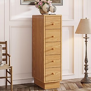 Tribesigns 5-Drawer Dresser, Wood Narrow Dresser for Bedroom, Tall Skinny Dresser Chest of Drawers, Slim Storage Drawers Organizer Lingerie Chest for Small Spaces, Bathroom, Closet, Oak