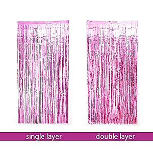 Pink Backdrop Curtain for Party Decorations -6.5x8.2ft, Pack of 2 | LILF Pink Streamers Tinsel with Non-Marking Tape, Foil Fringe Curtain for Birthday Baby Shower Party Supplies Photobooth Props