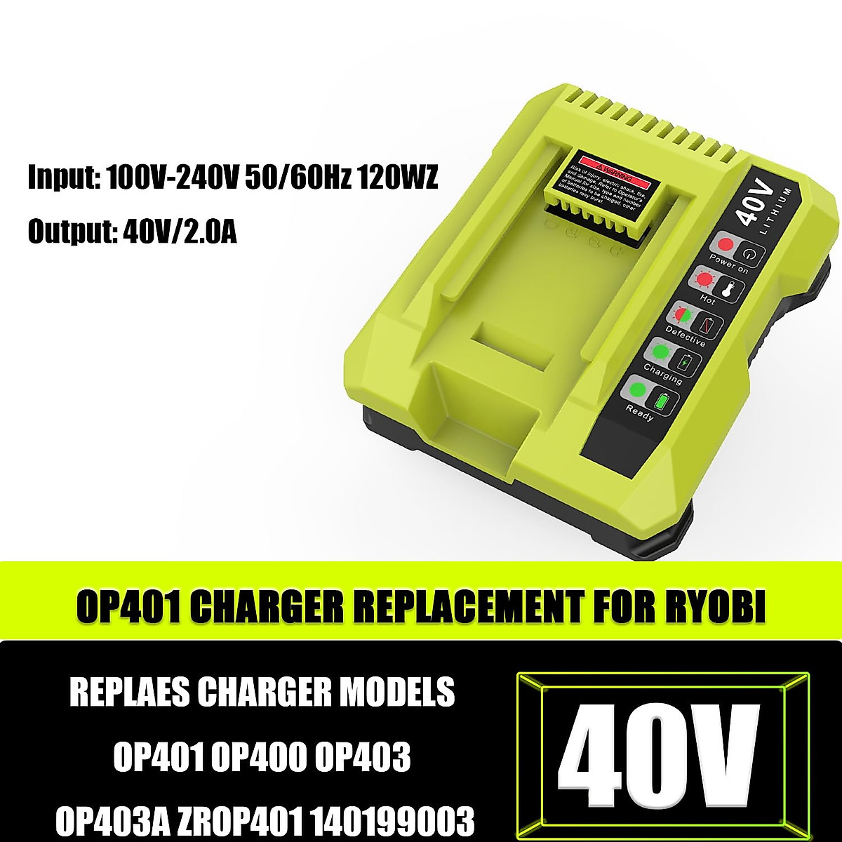 Bakipante OP401 40V Battery Charger Compatible with Ryobi 40V Battery Charger for OP4015 OP4026 OP4026A OP4030 OP40301 OP4040 OP4050 OP4050A Lithium-ion Battery