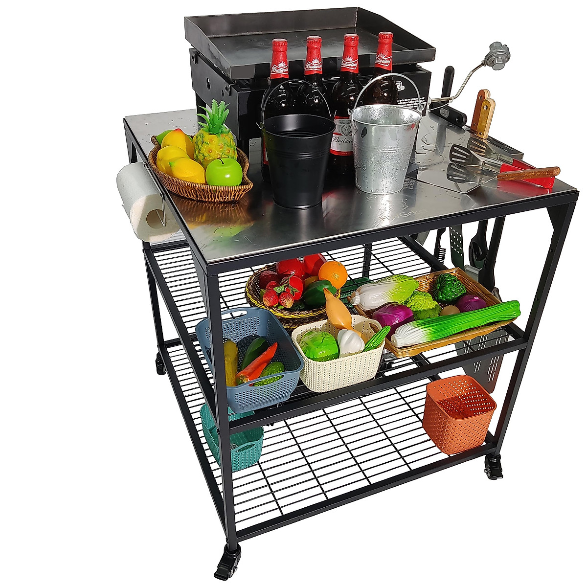 JAQKITU Movable Food Prep and Work Cart Table Stainless Steel Grill Cart Modular Table with Wheels Commercial Kitchen Table Heavy Duty Grill Cart Outdoor Cart