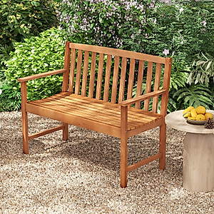 Tangkula Outdoor Garden Bench, 2-Person Eucalyptus Wood Bench with Backrest, Armrests and Slatted Seat, Patio Garden Bench for Yard, Porch, 800 lbs Capacity, Natural