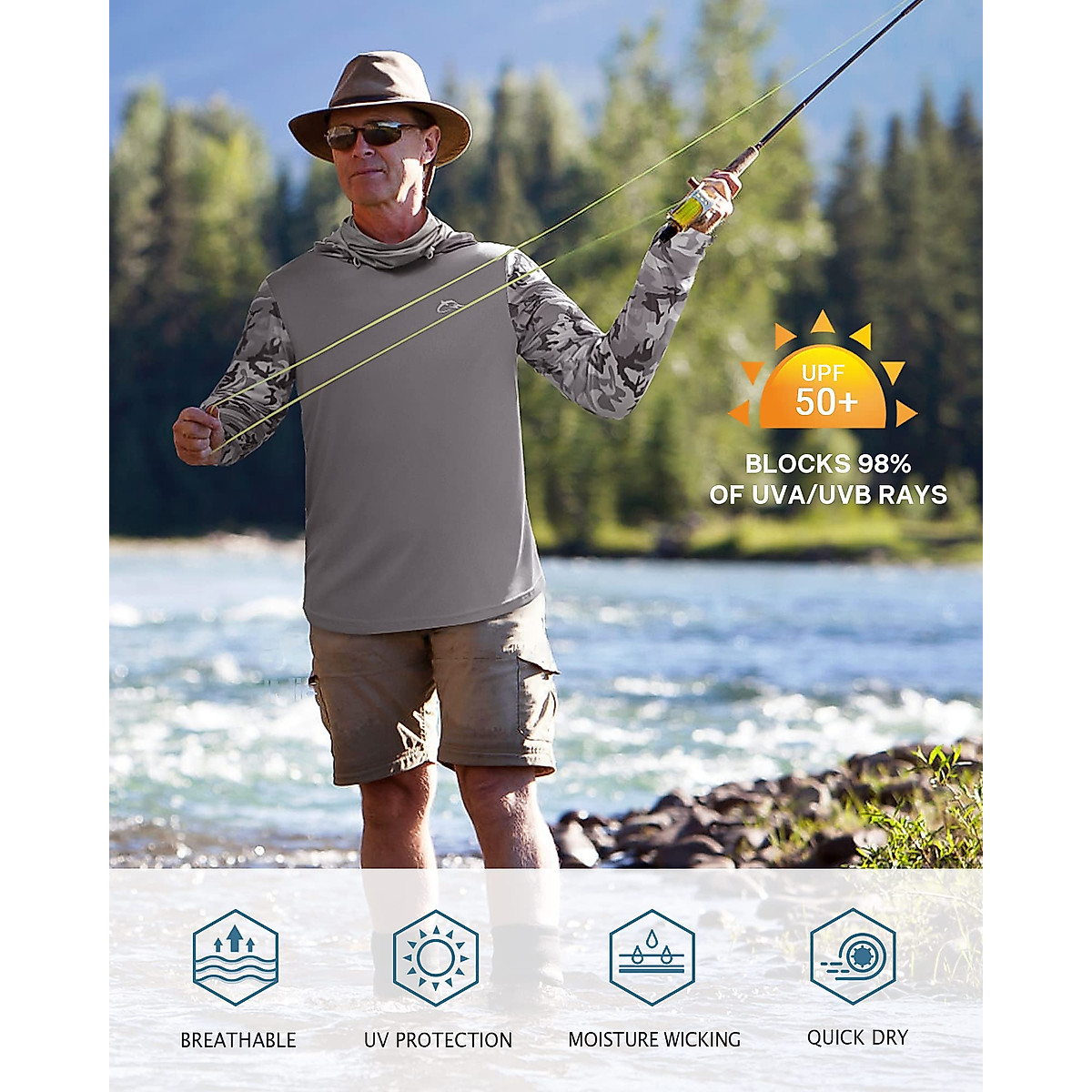 FISHEAL Mens SPF 50+ Fishing Hoodie Shirts - Long Sleeve Sun Protection Sweatshirts with Face Mask for Outdoor Running Wortout Hiking