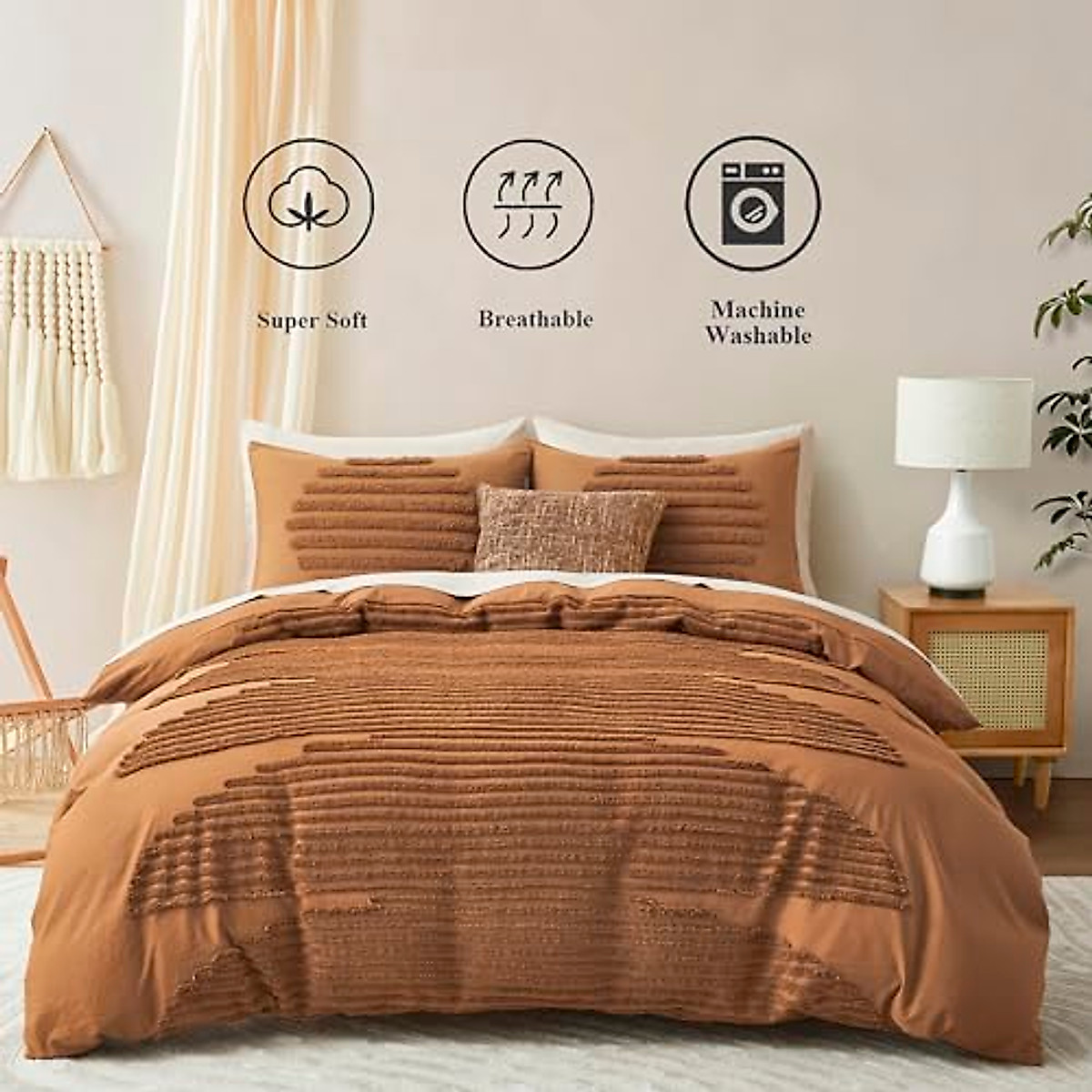 BEDAZZLED Duvet Cover King Size, 3 Pieces Boho Bedding Sets for Shabby Chic Home, Tufted and Soft Comforter Cover Set, Pumpkin Brown