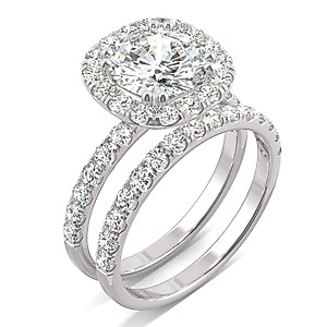 Charles & Colvard Created Moissanite 8mm Round Cut Bridal Ring Set for Women | 2.87 cttw DEW | Lab Grown | Solid 14K White Gold with Rhodium | Size 9