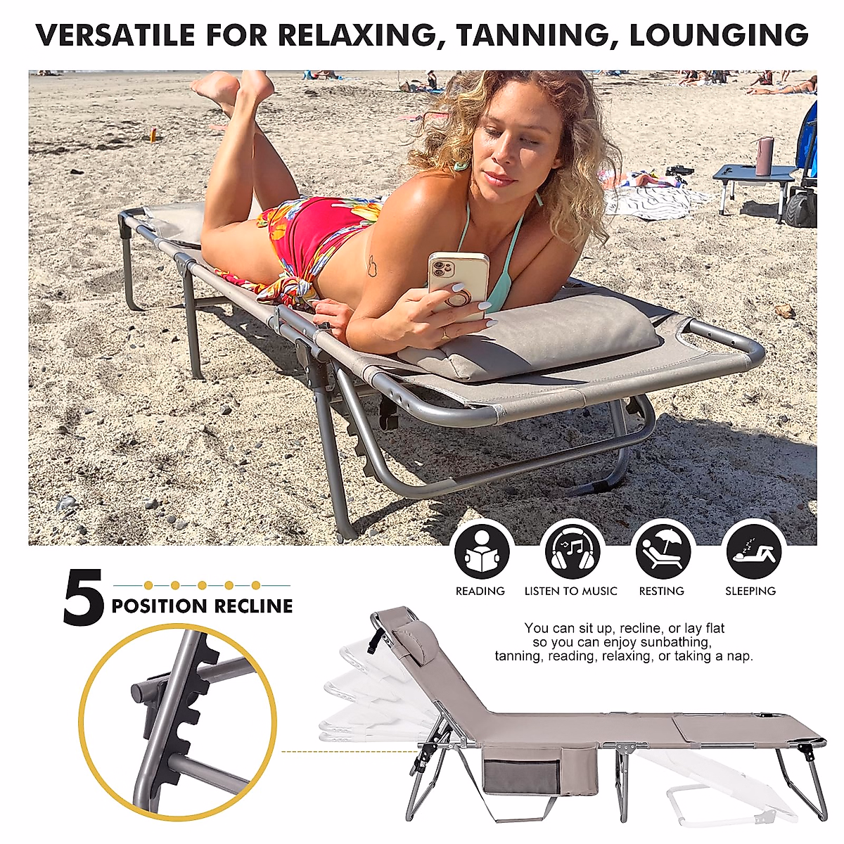 Minndudu Tanning Chair for Outside, Heavy Duty Oversized 330 LBS Lounge Chair with Face/Arm Hole, Wide Folding Layout Face Down Tanning Chair for Beach Poolside Patio Sunbathing Lawn Camping Sun, XL