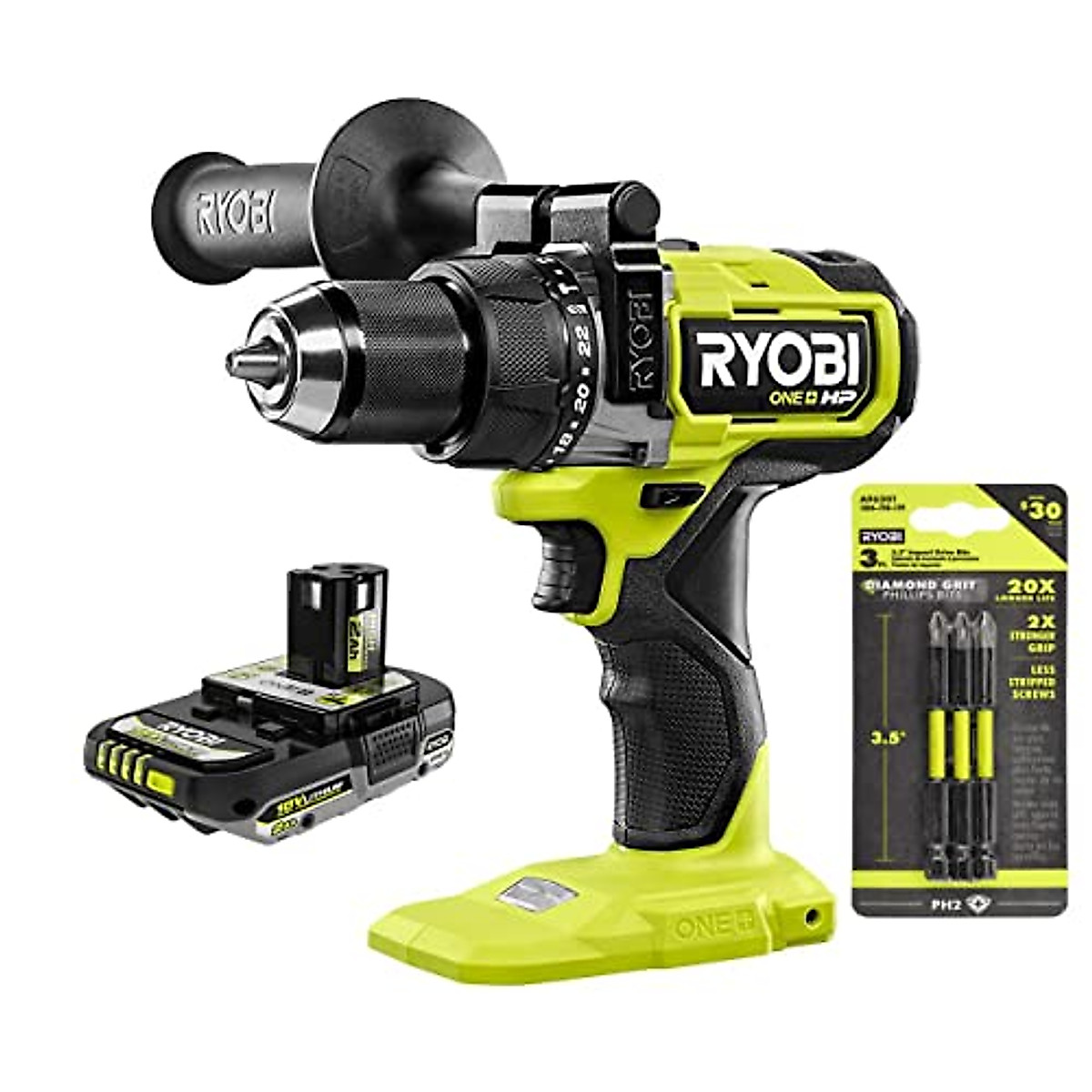 RYOBI ONE+ HP 18V Brushless Cordless 1/2 in. Hammer Drill with 2 Ah Lithium-Ion Battery and 3-1/2 in. Diamond Grit Impact Drive Bits (Bulk Packaging)