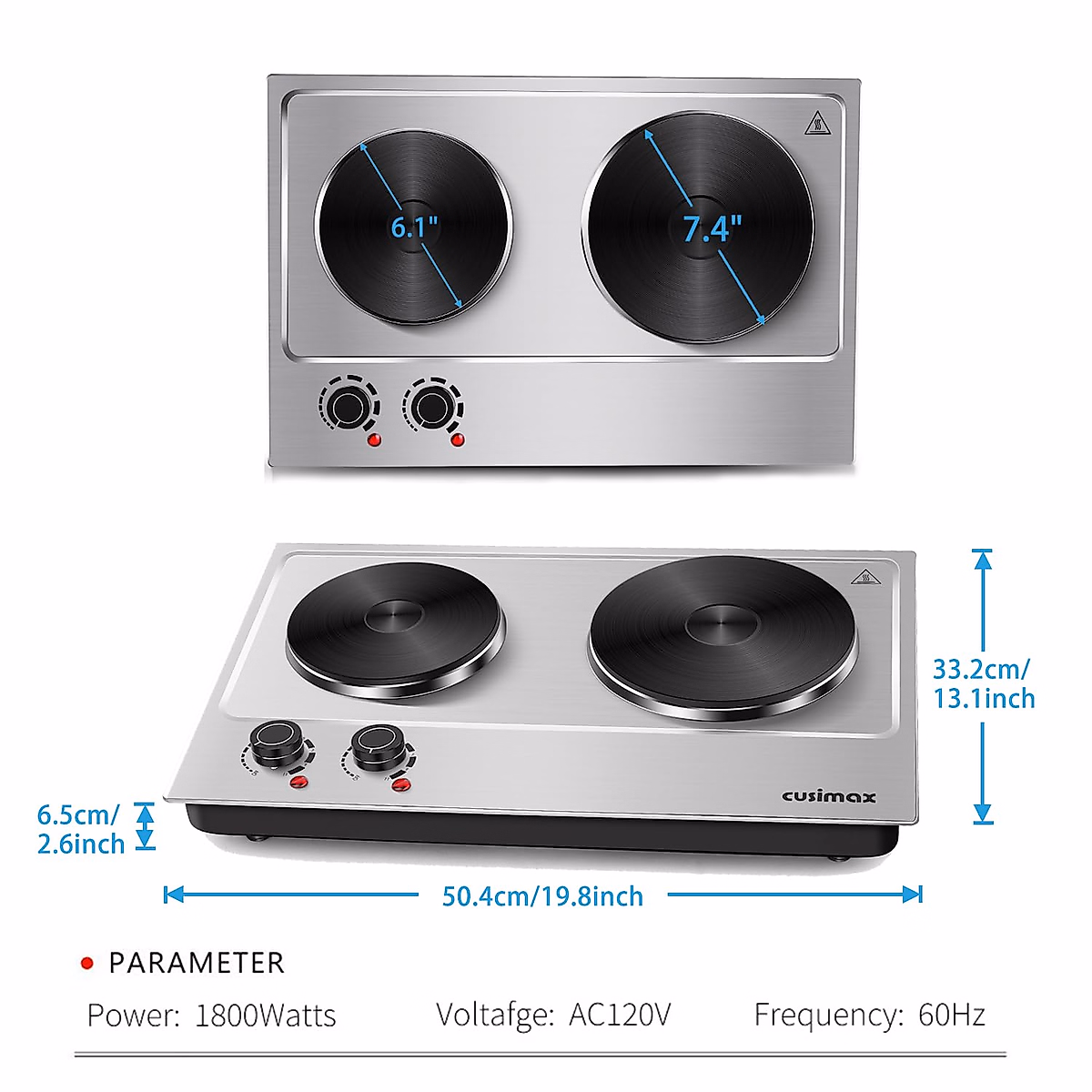 Hot Plate,Cusimax Double Burner 1800W Cast Iron Heating Plate,Electric Stove with Adjustable Temperature Control,Stainless Steel,Suitable for Various Scenarios Upgraded Version