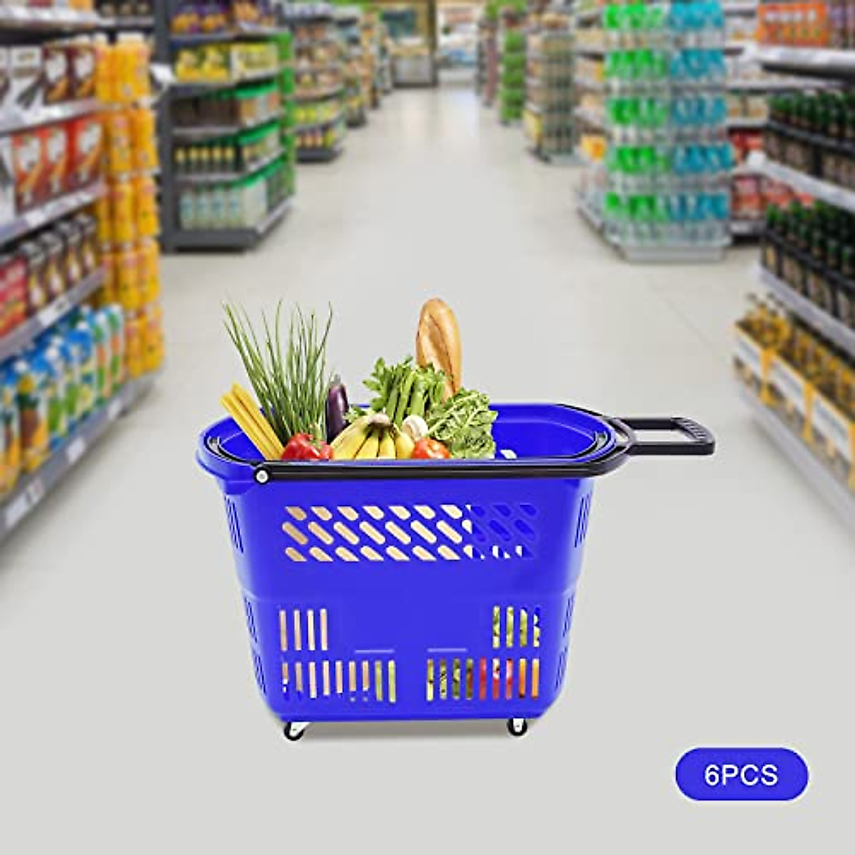 Bacacoo Plastic Shopping Carts, 6 Trolley Rolling Shopping Baskets, 35l Shopping Trolley With Handles, Portable Shopping Basket Set In Supermarkets And Retail Stores (Blue)