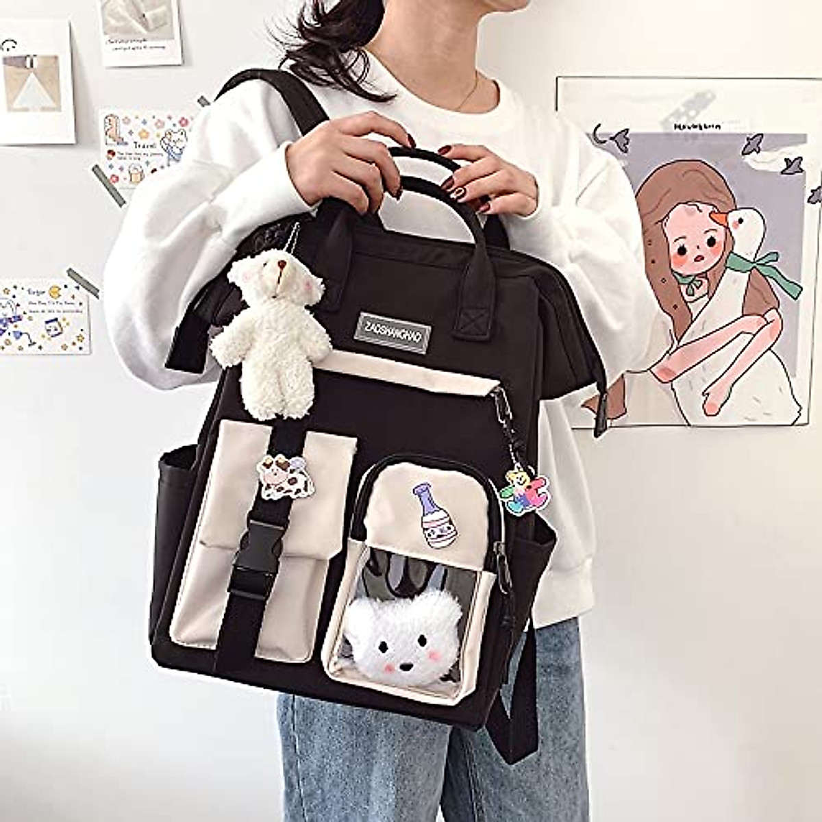 GGOOB Kawaii Backpack with Kawaii Pin and Accessories Backpack Cute Aesthetic Backpack Cute Kawaii Backpack for School (Black)