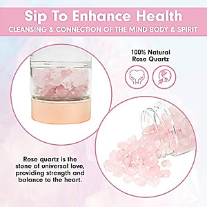 PRANAM YOGI Crystal Water Bottle - Rose Quartz Gemstone Infused Elixir Water Bottle with Loose Leaf Tea Infuser and Protective Sleeve - Wellness Glass and Rose Gold Stainless Steel - 15 oz