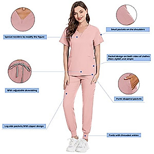 niaahinn Scrub Suit Set for Women Modern V-neck + Leg Drawstring Jogger Pants Medical Nursing Uniforms Set (Pink,S)