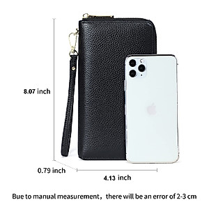 Seammer Women's RFID Blocking Leather Zip Around Wallet Clutch Large Phone Holder Wristlet Travel Purse (Black)