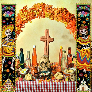 Allenjoy Mexican Day of the Dead Porch Signs Hanging Wall Door Banner Skeleton Guitar Decorations Polyester Wrinkle Free Outdoor 11.8x70.9 Inch Home Decor Events Front Yard Party Supplies 2PCS