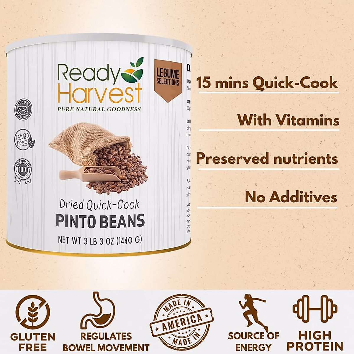 Ready Harvest Quick-Cook Pinto Beans Canned Dried Beans Dry Beans Pinto Beans Dry | Canned Food | Emergency Food Supplies Survival Food Emergency Food Rations #10 Can 25-Year Shelf Life 3 lbs