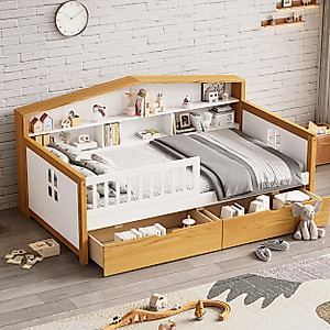 Wooden House Shape Daybed with Two Drawers and Bookcase Headboard,for Kids Girls Boys Teen Bedroom Use (Walnut/White@Drawers/, Twin)