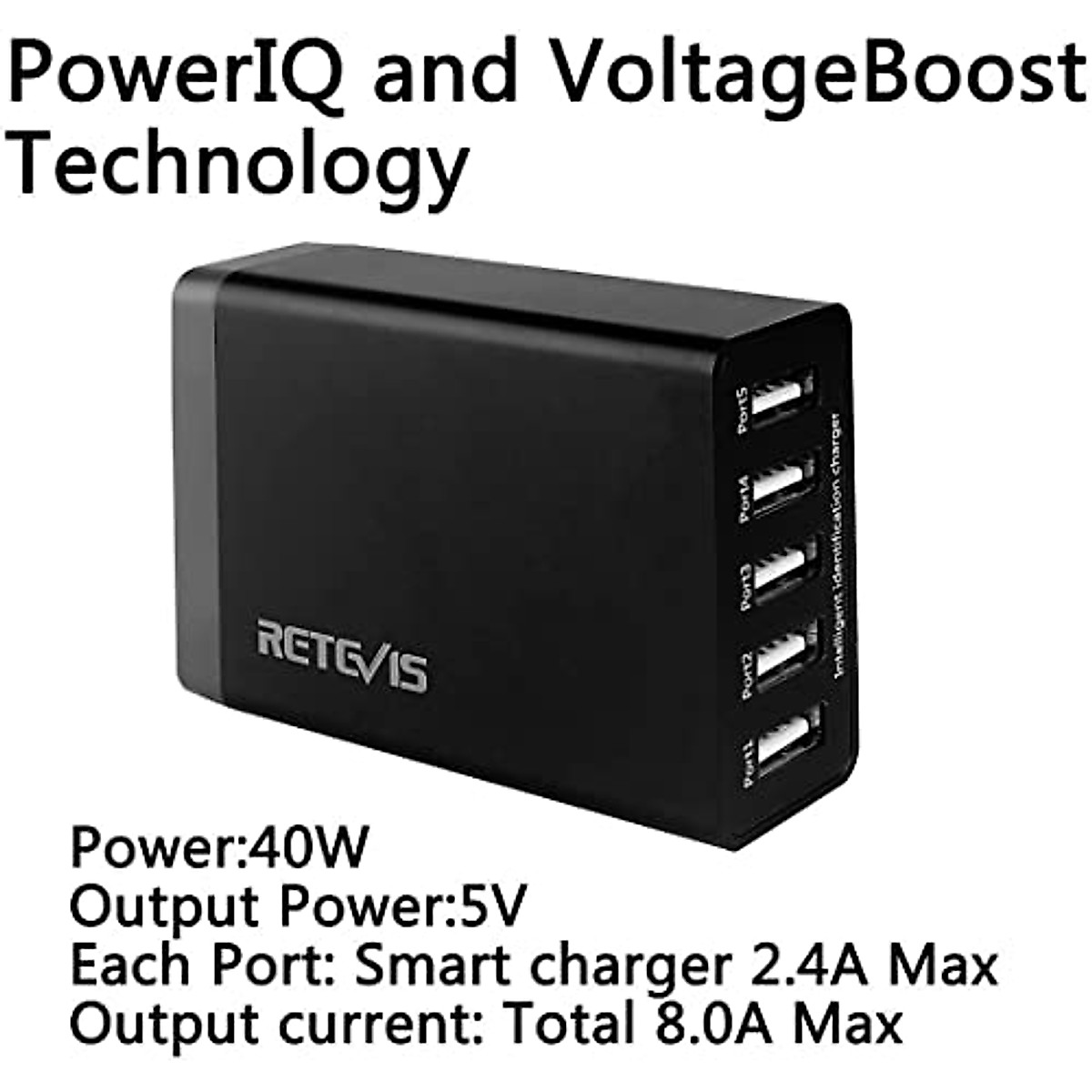 Retevis 5-Port USB Wall Charger Radio Charging Station Compatible with RT68 RB28 RT19 RT22P NR10 RT18 RT22S H777 RB89 RT86 RT45P RB29 Baofeng Cobra HYT Walkie Talkies and iPhone (1 Pack)