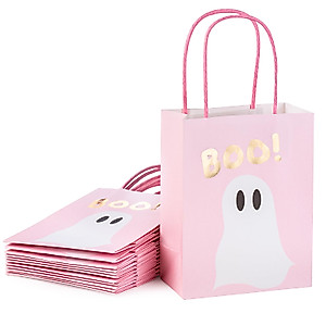 WRAPAHOLIC 12 Pack 7" Small Halloween Kraft Paper Gift Bags - Pink Ghost Boo Design for Hallowen, Holiday, Party Gift Wrap