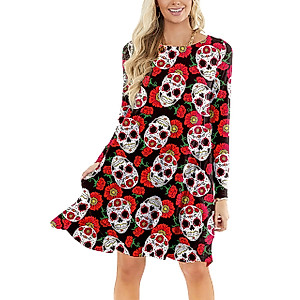 Women Sugar Skull Dresses Day of The Dead Halloween Flare Holiday Dress with Pocket XL