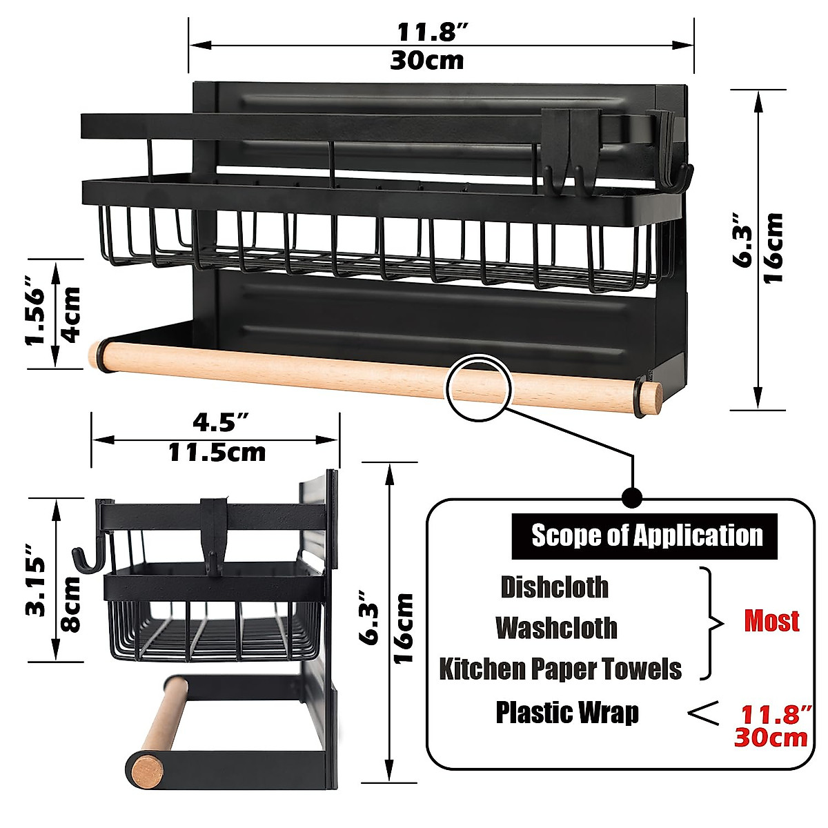 Sleclean Magnetic Spice Rack Organizer for Refrigerator, 2 Pack, Paper Towel Holder Magnetic, Kitchen Magnetic Shelf,11.8"x4.5"x6.3",Black