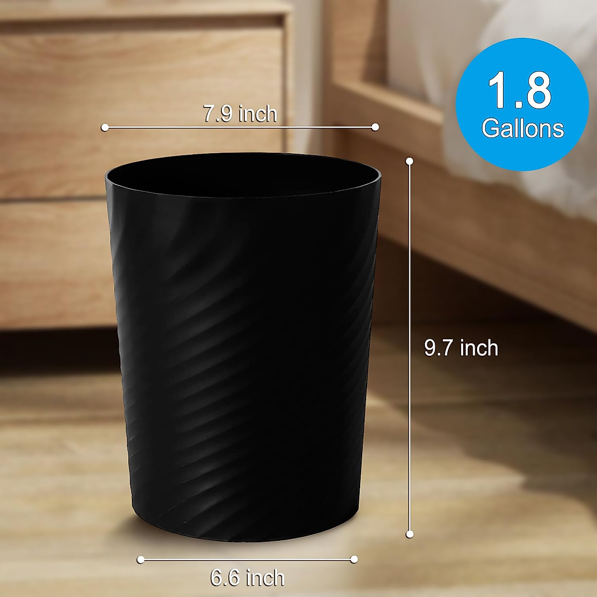 decorluxes Trash Cans, Plastic Small Trash Can, 1.8 Gallon Bedroom Trash Can, Office Trash Can, Waste Can for Bathroom (2, Black)