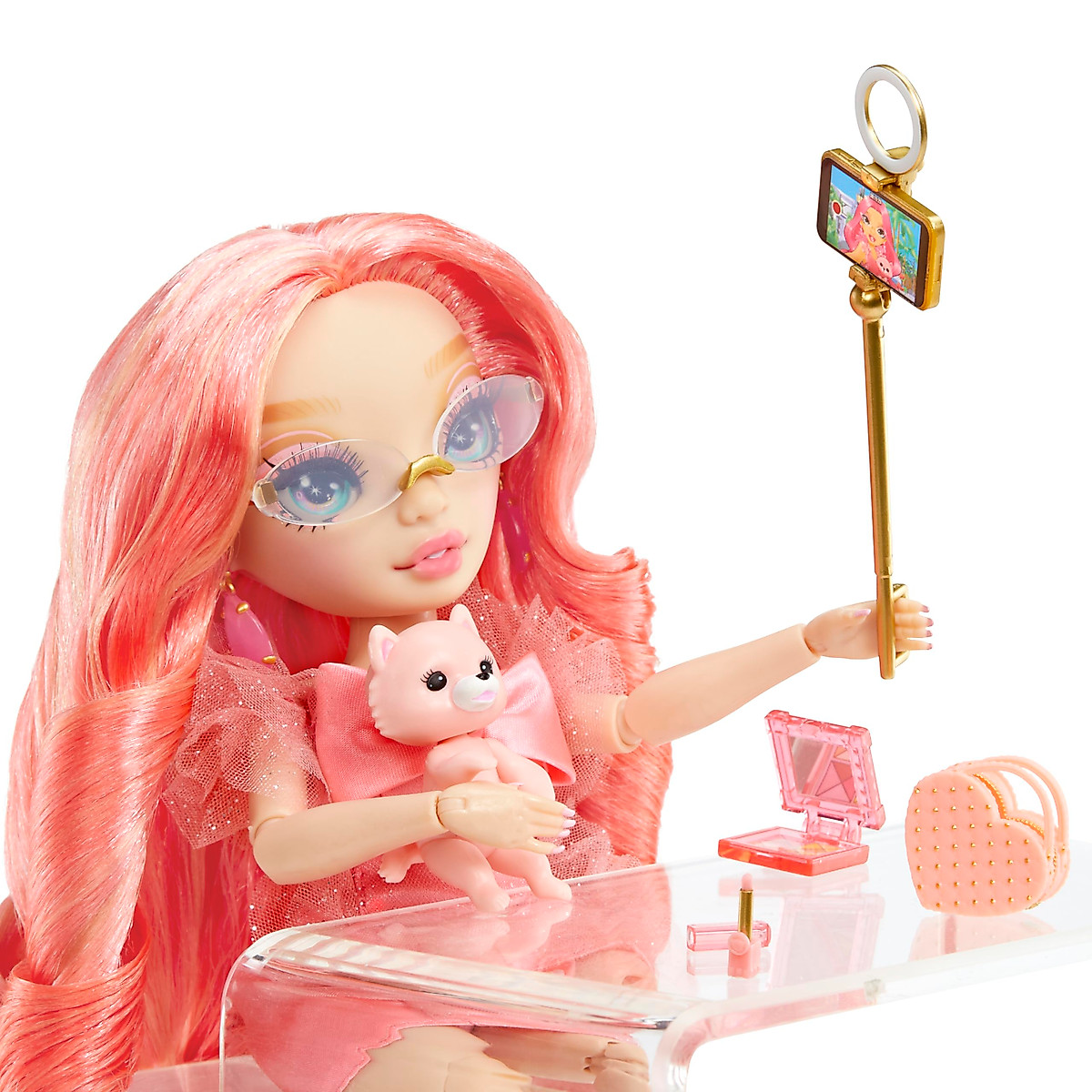 Rainbow High Pinkly - Pink Fashion Doll in Fashionable Outfit, with Glasses & 10+ Colorful Play Accessories. Gift for Kids 4-12 Years and Collectors