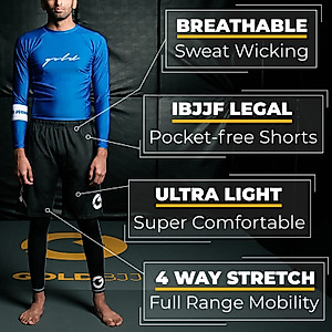 Gold BJJ Jiu Jitsu Shorts - IBJJF Approved No Gi Fight Short - for Grappling, MMA, Wrestling, Muay Thai & Boxing (Black, Medium)