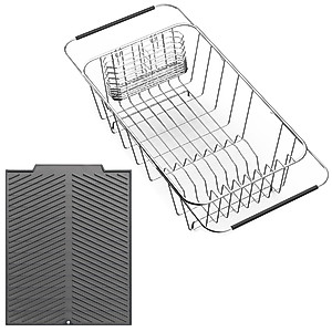 YEECOPON Dish Rack in Sink, Expandable Over The Sink Dish Drying Rack with Utensil Holder and Silicone Drainage pad (Small + 16" Silicone pad)