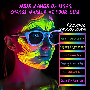 24 Colors Face & Body Paint with 2 Brushes UV Blacklight Neon Rainbow Face Painting Kit for Kids Adult Water Activated Graphic Eyeliner Glow In The Dark for Halloween, Cosplay, Parties & Stage Makeup