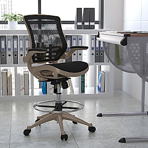 Flash Furniture Mid-Back Transparent Black Mesh Drafting Chair with Melrose Gold Frame and Flip-Up Arms