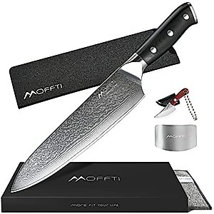 MOFFTI Damascus Chef Knife 8", Japanese VG-10 Stainless Steel Damascus Knife, Razor Sharp Kitchen Knife, Well-Balanced Japanese Knife, Aviation Material Handle, Gift Box Anti-rust Anti-dull Full Tang