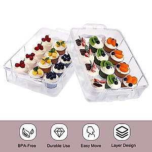 BTSKY 2 Tier Clear Plastic Cupcake Holder with Lid & Handles, Portable Cupcake Carrier for 24 Cupcakes, Stackable Cupcake Storage Container with Convenient Slot Tray Large Plastic Storage Box, White
