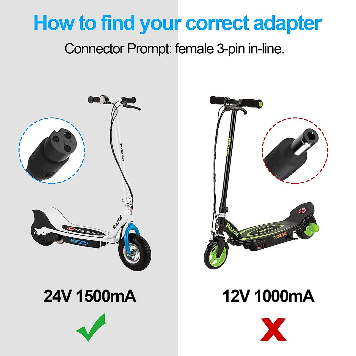 24V 1.5A Electric Scooter Charger for Razor Dirt Bike E200 E300 PR200 E100 MX350 Dirt Quad Pocket Mod Sports Mod Scooter Female 3-pin Inline Battery Adapter Power Charger Cord