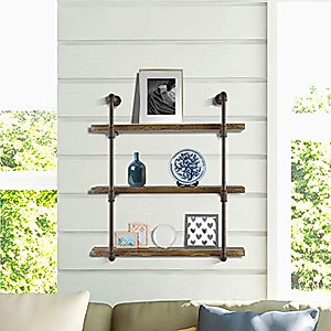 Decorative Floating 3-Tier Wall Mounted Hanging Pipe Shelves - Rustic, Urban and Industrial Décor,Wall Mounted Shelf - Perfect for Living Room,Dining Room,Kitchen,Bedroom,Nursery or Office, Brown