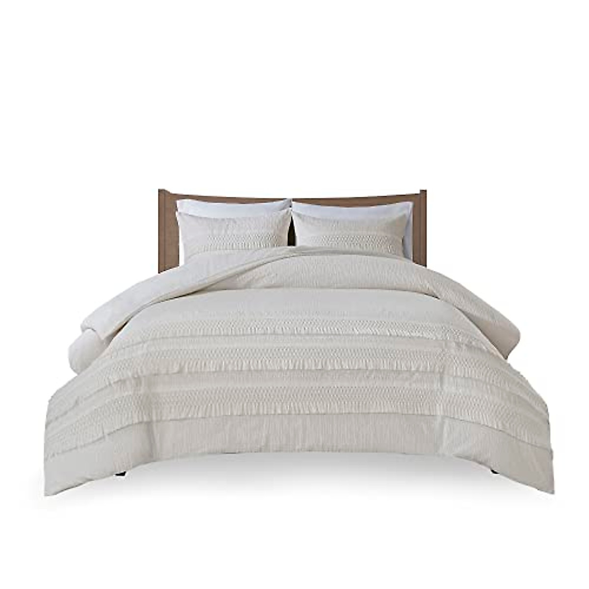 Madison Park Amaya 100% Cotton Duvet Set - Seersucker Design with Tassel Trims Accent, Breathable Cover for Comforter, All Season Bedding with Matching Sham, Full/Queen(90"x90") Ivory 3 Piece