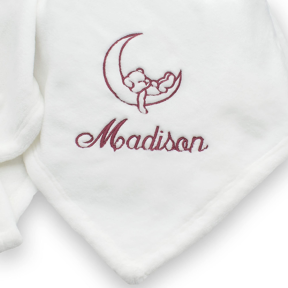 Tender Loving Stitches - Soft White Baby Blanket - Personalized with Baby’s Name and Cute Moon and Bear