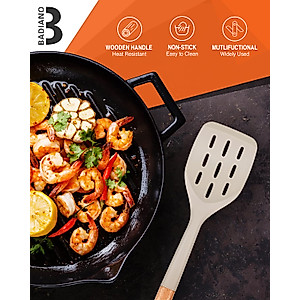 Pack of 2 Silicone Spatula, Non Stick Cooking Utensil Set Wooden Handle Kitchen Turner for Baking Mixing Grilling Serving Food Heat Resistant Non Scratch Hooks Included (Khaki)