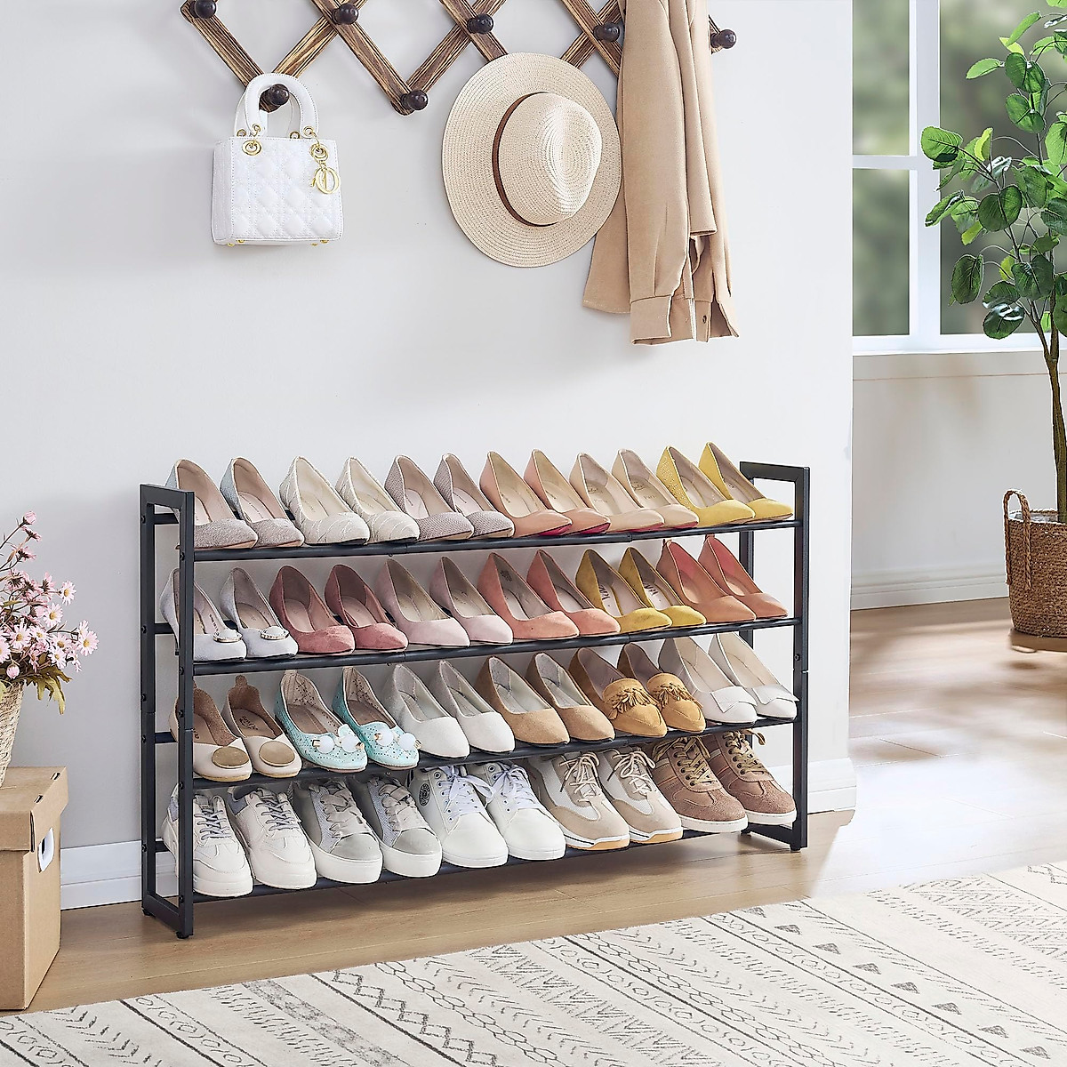 FAVOOSTY 4-Tier Expandable Shoe Rack, Adjustable Shoe Shelf Storage Organizer Space Saving Metal Free Standing Shoe Rack for Entryway Closet Doorway, Black