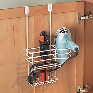 mDesign Metal Bathroom 2 Section Storage Tool Organizer Basket Tray - Hang Over Cabinet Door - Storage for Hair Dryer, Straightener, Curling Iron, Styling Products - Concerto Collection - White