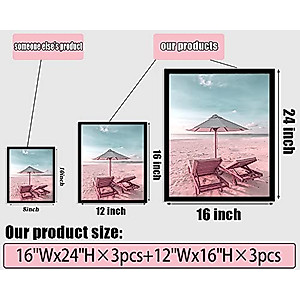 6 Set Large Beach Wall Art for living Room Bathroom Pink and Blue Seascape Themed Picture Poster Print Wall Decor Beach Chairs Starfish Surfboard Palm Tree for Teens Girl Home Decorations Unframed