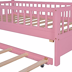 Bellemave Wooden Twin Size House Bed with Trundle,Kids Twin Playhouse Platform Bed Frame with Storage Shelves,Montessori Be for Kids Teens Girls & Boys (Pink)