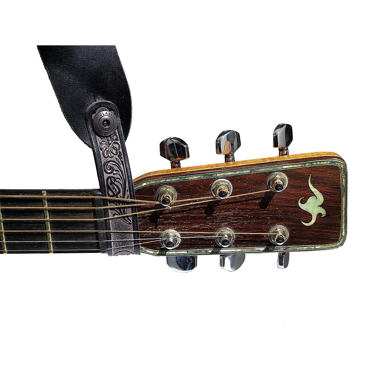 Walker & Williams AT-2 Black Carving Leather Acoustic Guitar Strap Button Headstock Adaptor For Acoustic, Electric, And Bass Guitars
