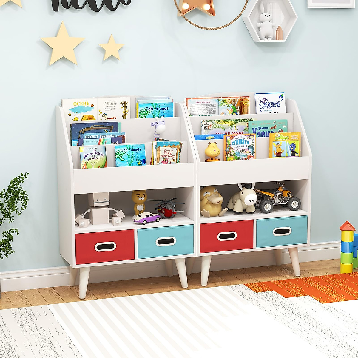 Costzon Kids Bookshelf, 5-Tier Wooden Children’s Book Rack with 2 Cube Bins for Books and Toys, Montessori Bookshelf for Toddlers, Kids Bookcase for Playroom, Nursery, Classroom (White)