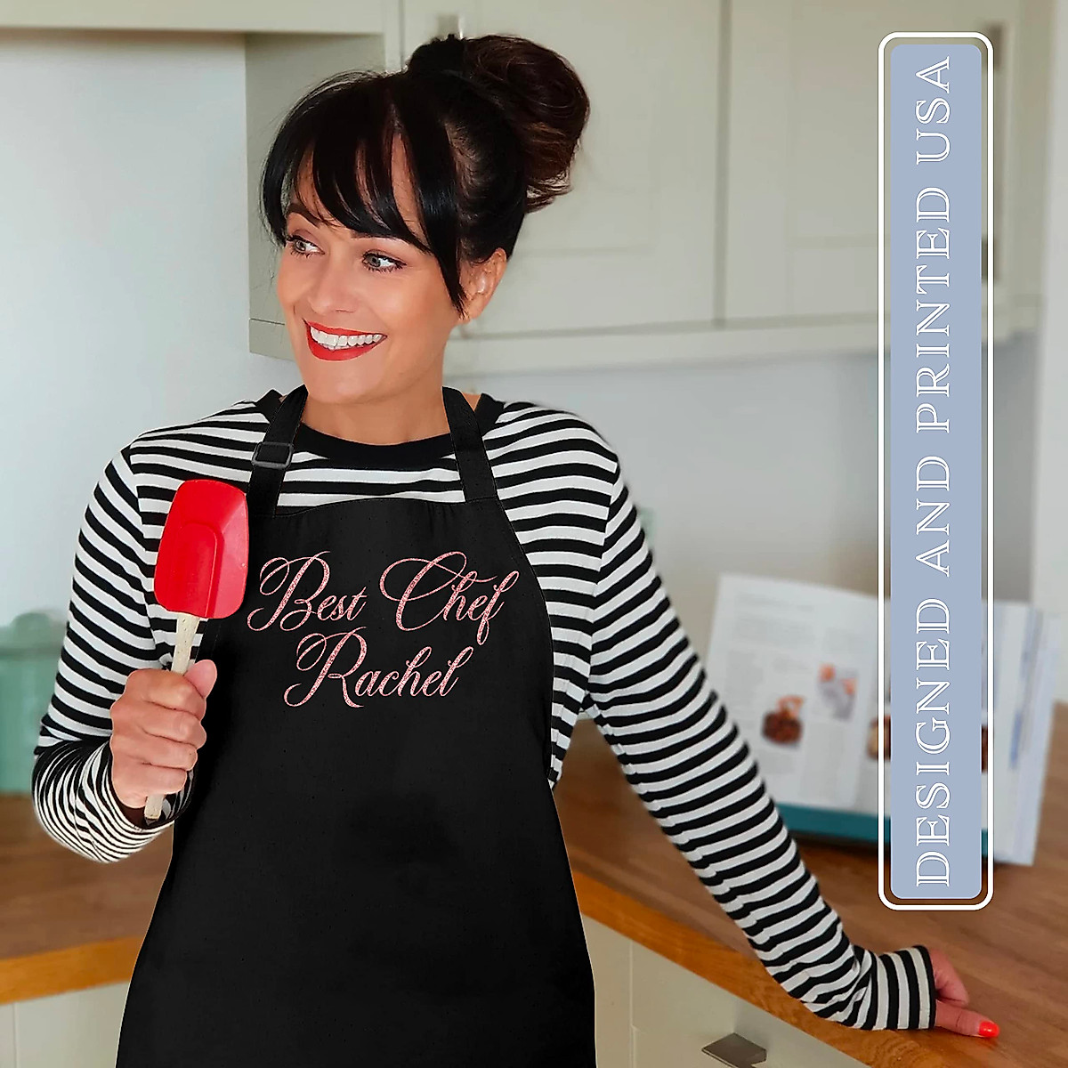 LALALA GIFT LAND Customized Kitchen Chef Apron w/Pockets - Black - White Option - 9 Font - 18 Font Color - Personalized Bbq Chef Apron (Black)